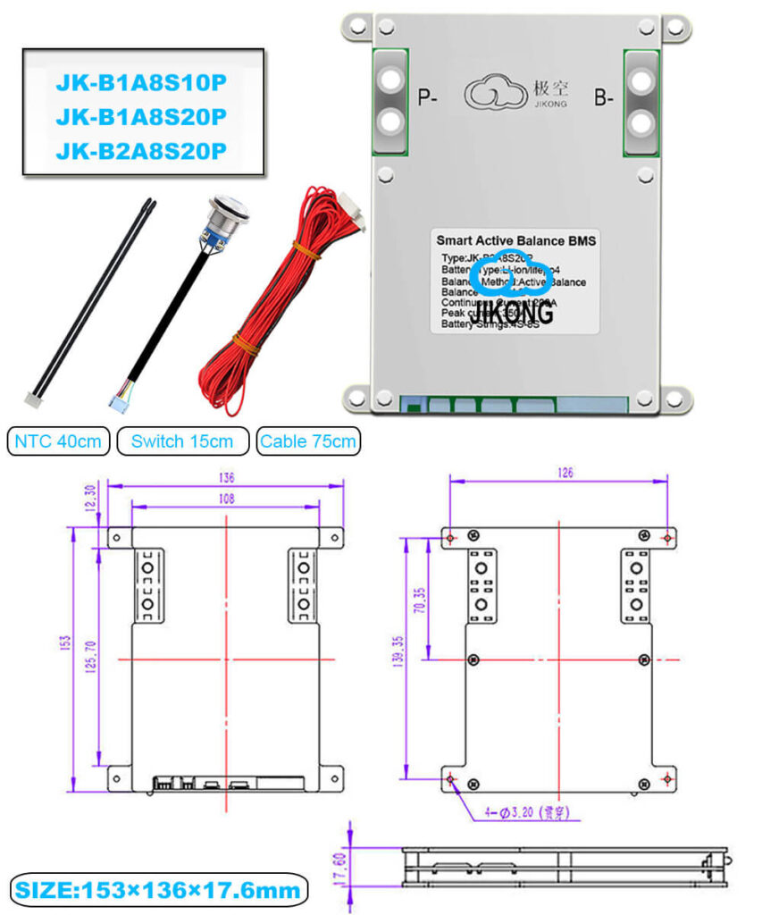 JKBMS B1A8S10P-HC 3S-8S Heating CANBUS Active Balance BMS Balance Current 1A Continuous Current ...